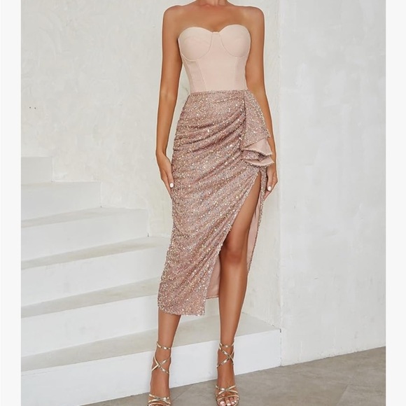 Amazon | Dresses | Amazon Strapless Pink And Gold Dress | Poshmark